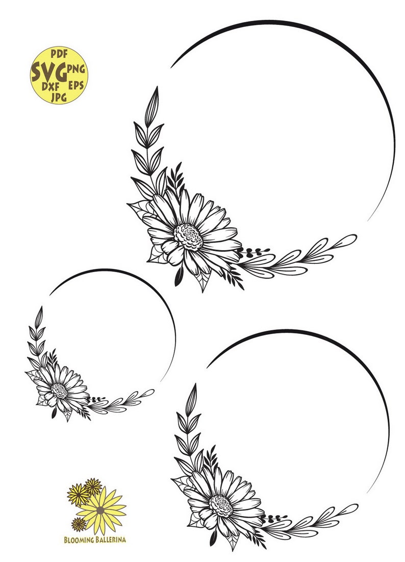 Round Botanical Daisy Frame With Leaves Svg File Monogram - Etsy