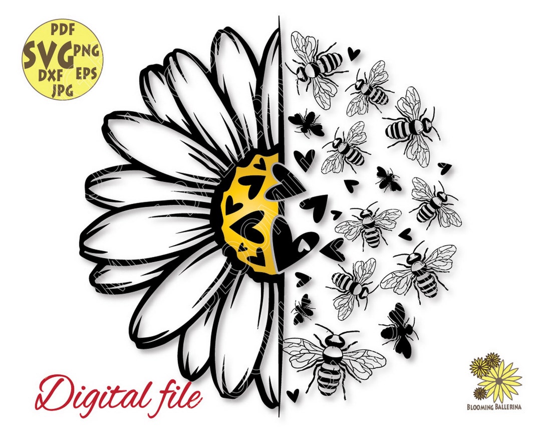 Half Daisy With Bees and Heart Svg, Love Bee, Daisy Bee Svg, Heart Svg ...