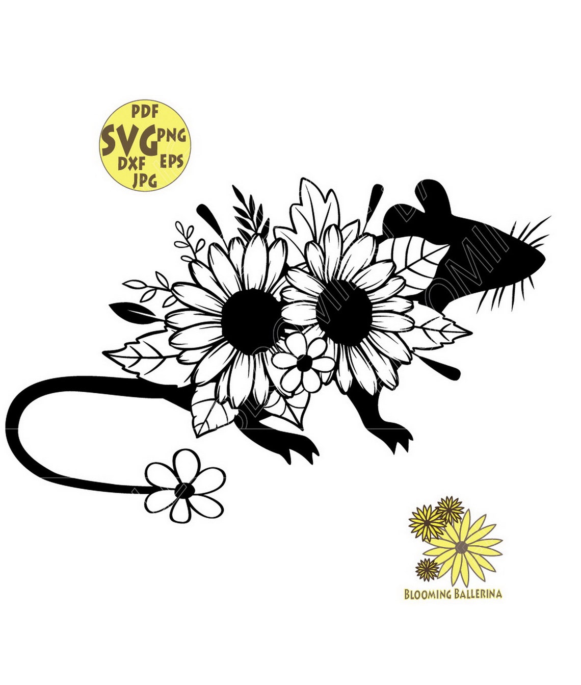 Flower Rat Silhouette with daisies and leaves svg file Rat | Etsy