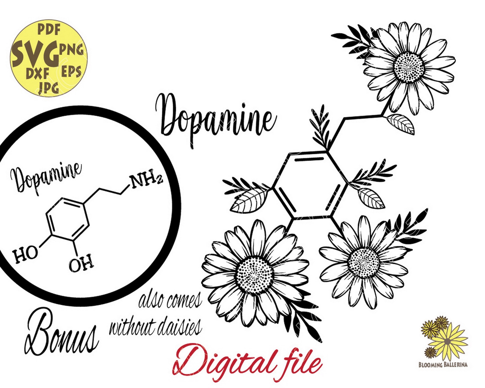Floral Dopamine Svg, Dopamine Molecule With Daisies Svg, Pleasure ...