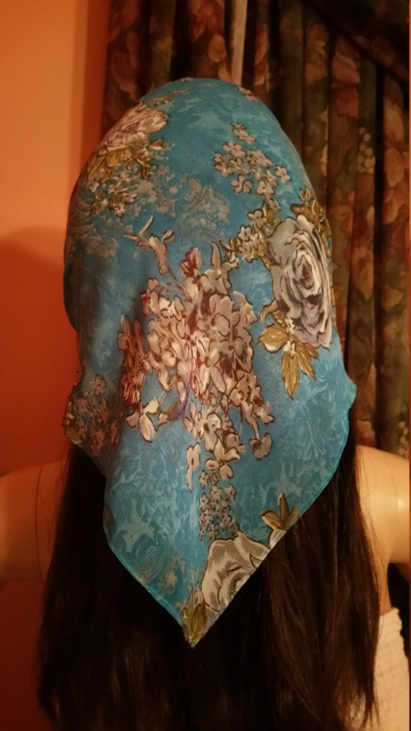 Head Scarf: Floral Blue Chiffon Head Scarf Neck Scarf - Etsy