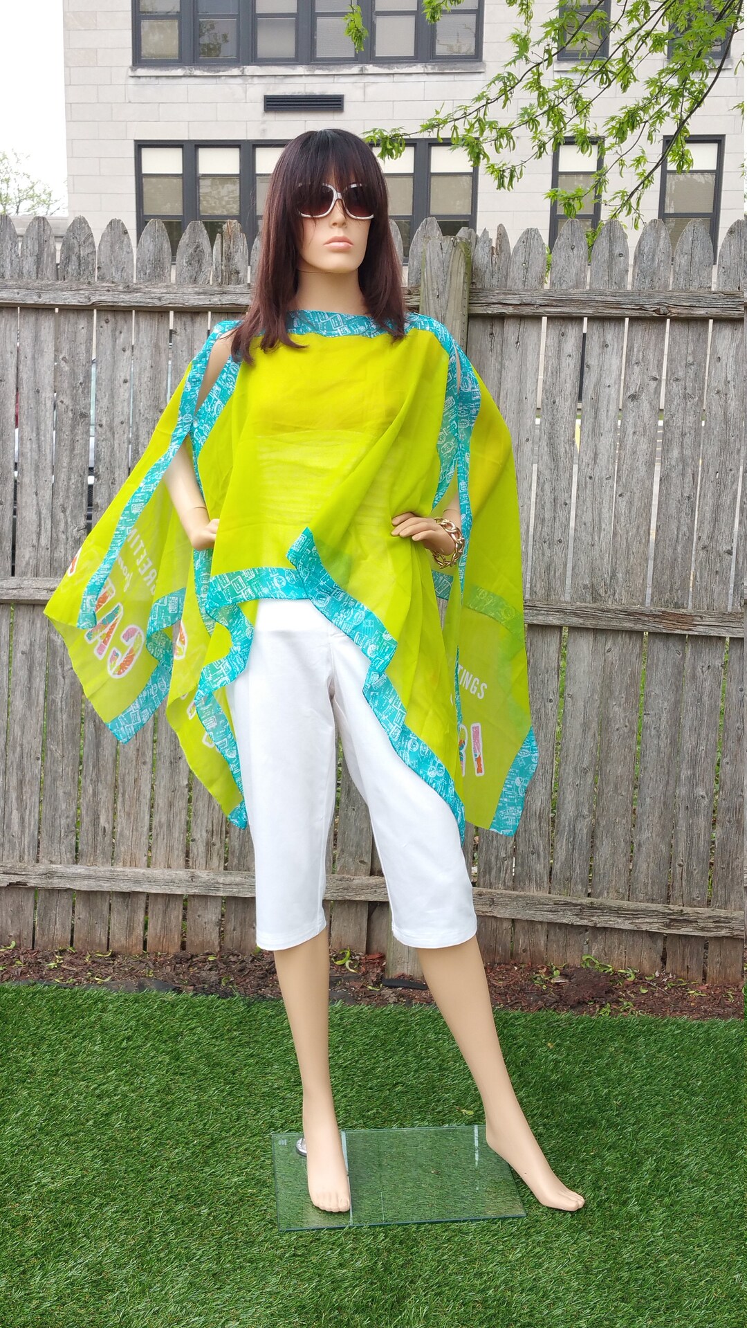 2 Way Poncho: Lime Green-blue Borders Summer Poncho - Etsy