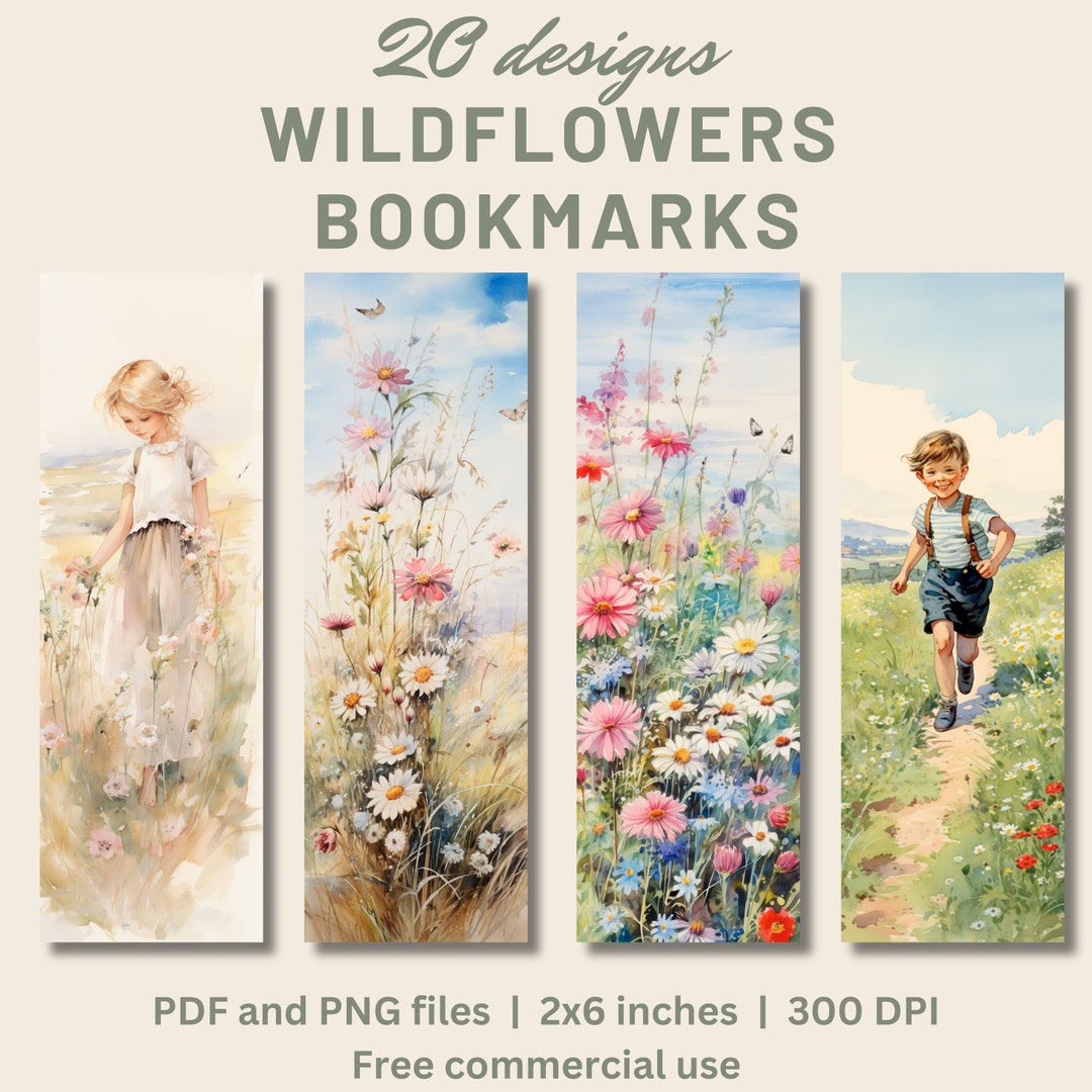 Wildflowers Printable Bookmarks Set, Floral Boorkmark Design, Digital ...