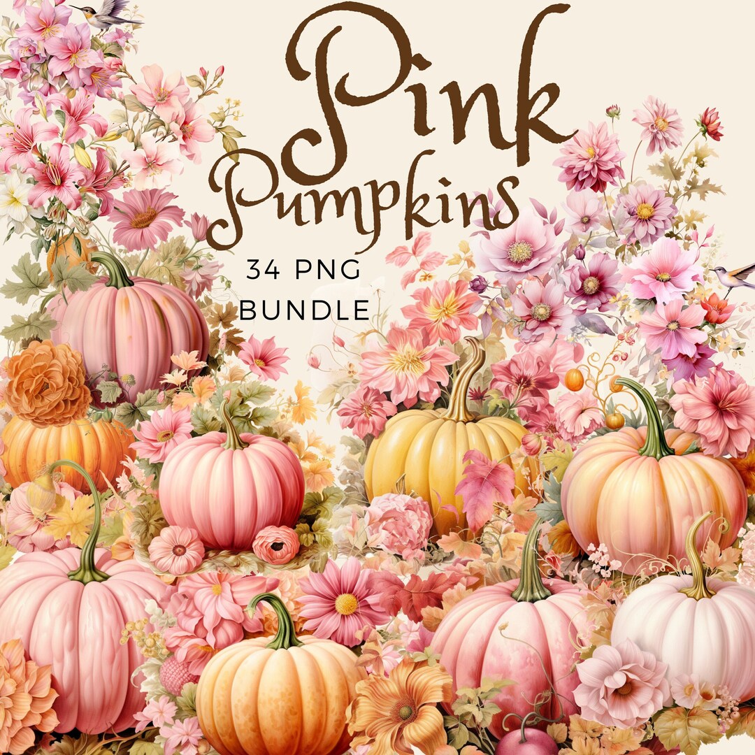 Watercolor Pink Pumpkins Clipart, Gold and Pink Punpkins Png Bundle ...