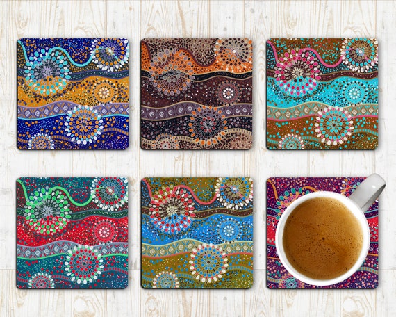 Aboriginal Art Drink Coasters Set of Six Neoprene Rubber | Etsy