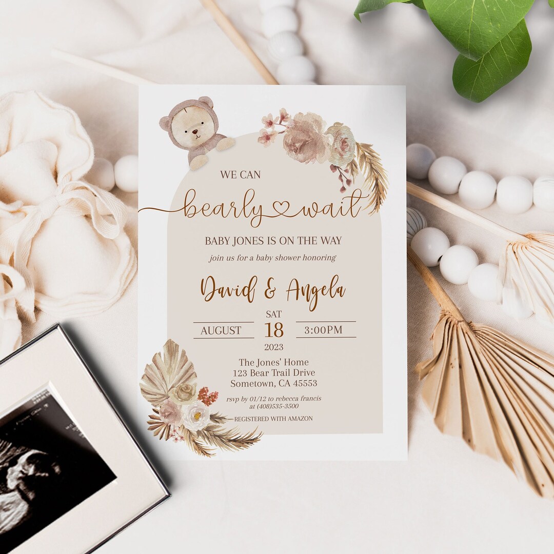 Bearly Wait Boho Teddy Bear Baby Shower Invitation Bundle, Editable ...