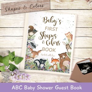 Woodland Baby Shower ABC Guest Book, First Shapes & Colors Coloring ...