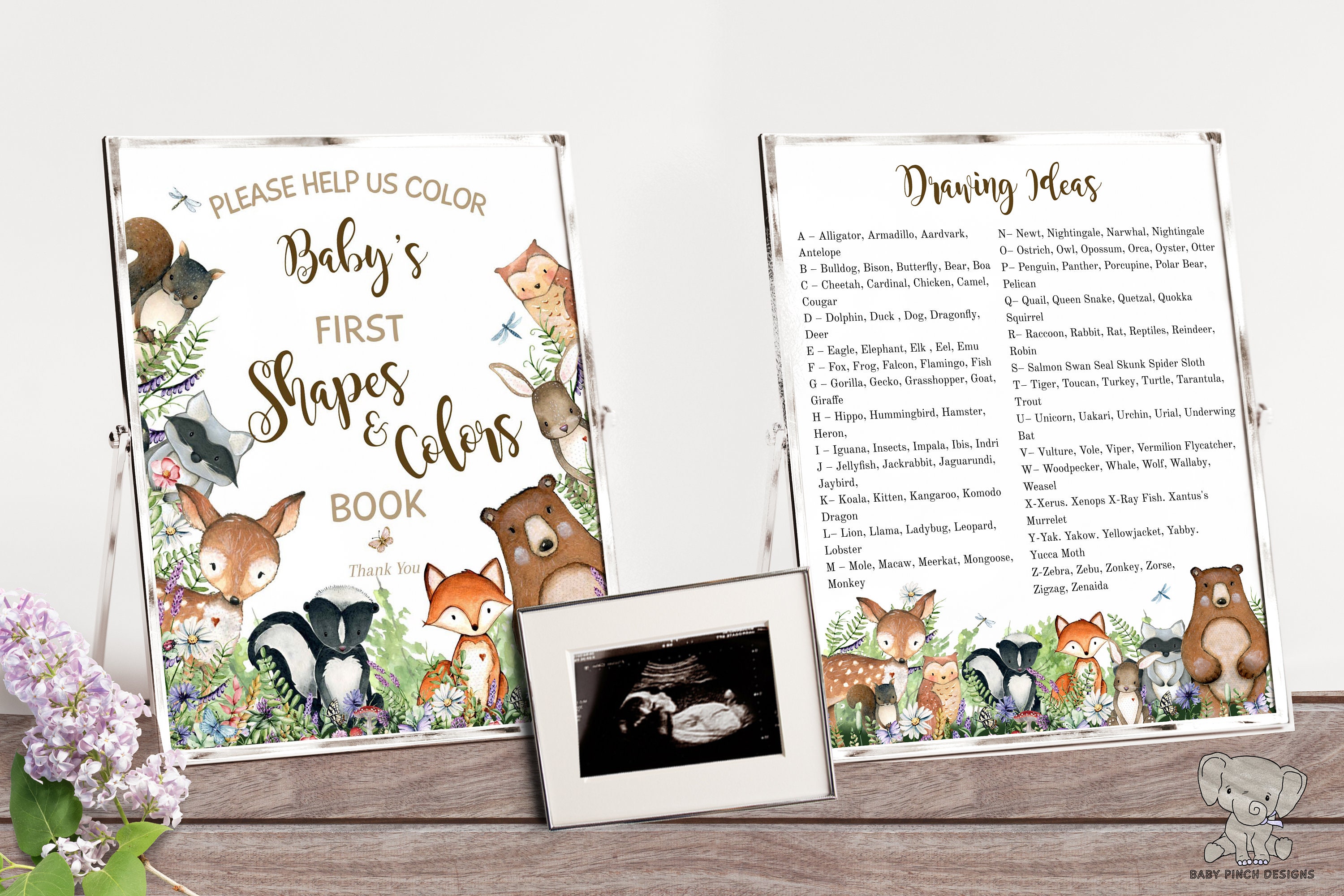 Woodland Baby Shower ABC Guest Book, First Shapes & Colors Coloring ...