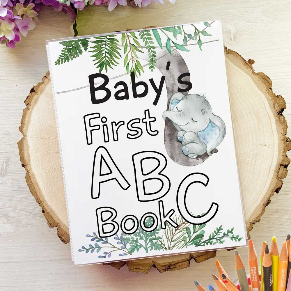 Safari Elephant Greenery ABC + 123 Book Bundle, 4x6" Digital Guest Book ...