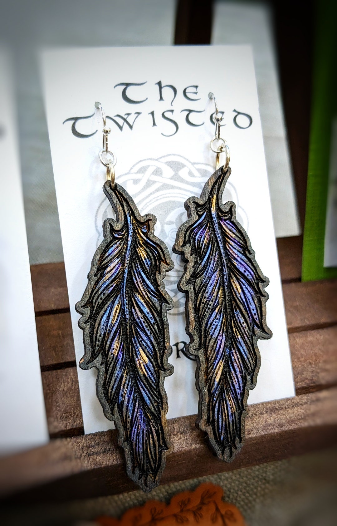Raven's Feather Hand Painted Wood Earrings // Sustainable Recycled Wood ...