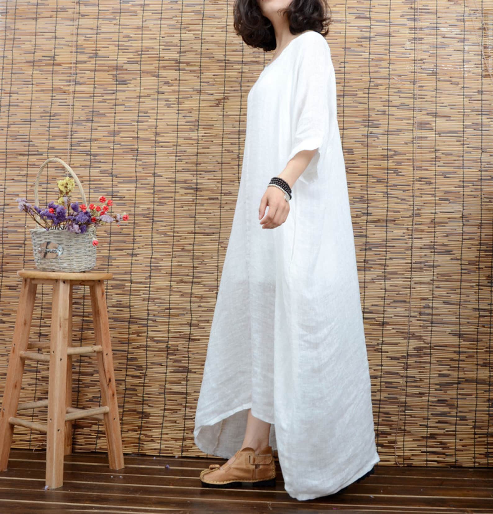 White Tunic Dress Summer Dress Linen Dress Large Size Maxi Dress Plus ...