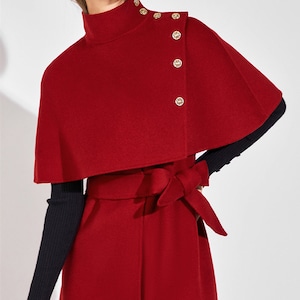 Red Wool Coat,winter Cozy Wool Cape With Vest,long Wool Coat,gift for ...