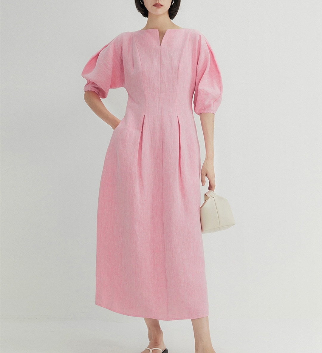 Puffy Sleeve Linen Dress,smock Linen Dress,summer Midi Dress,boho Dress ...