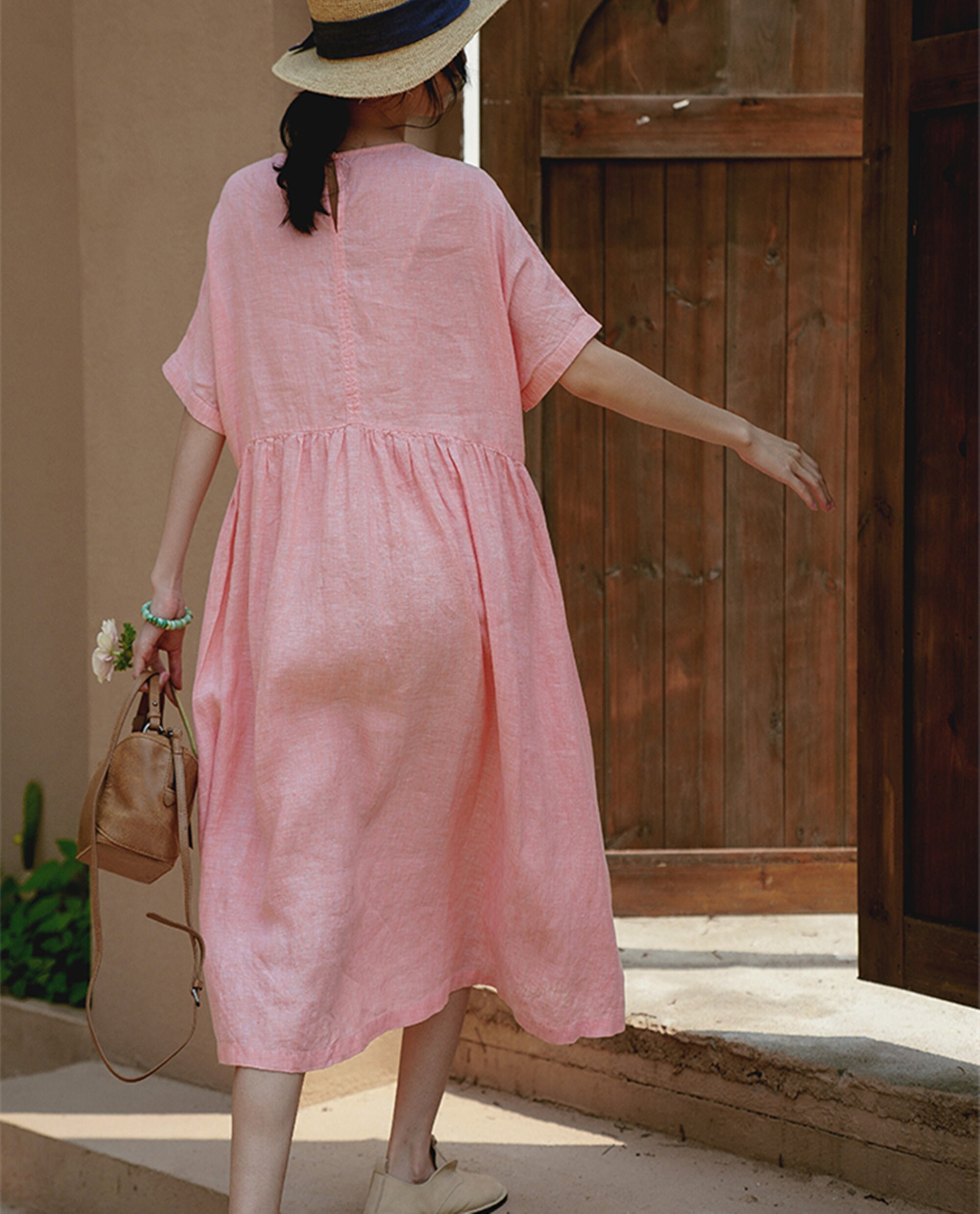 Pink Linen Dresslinen Maxi Dresslinen Pleated Dressdress - Etsy