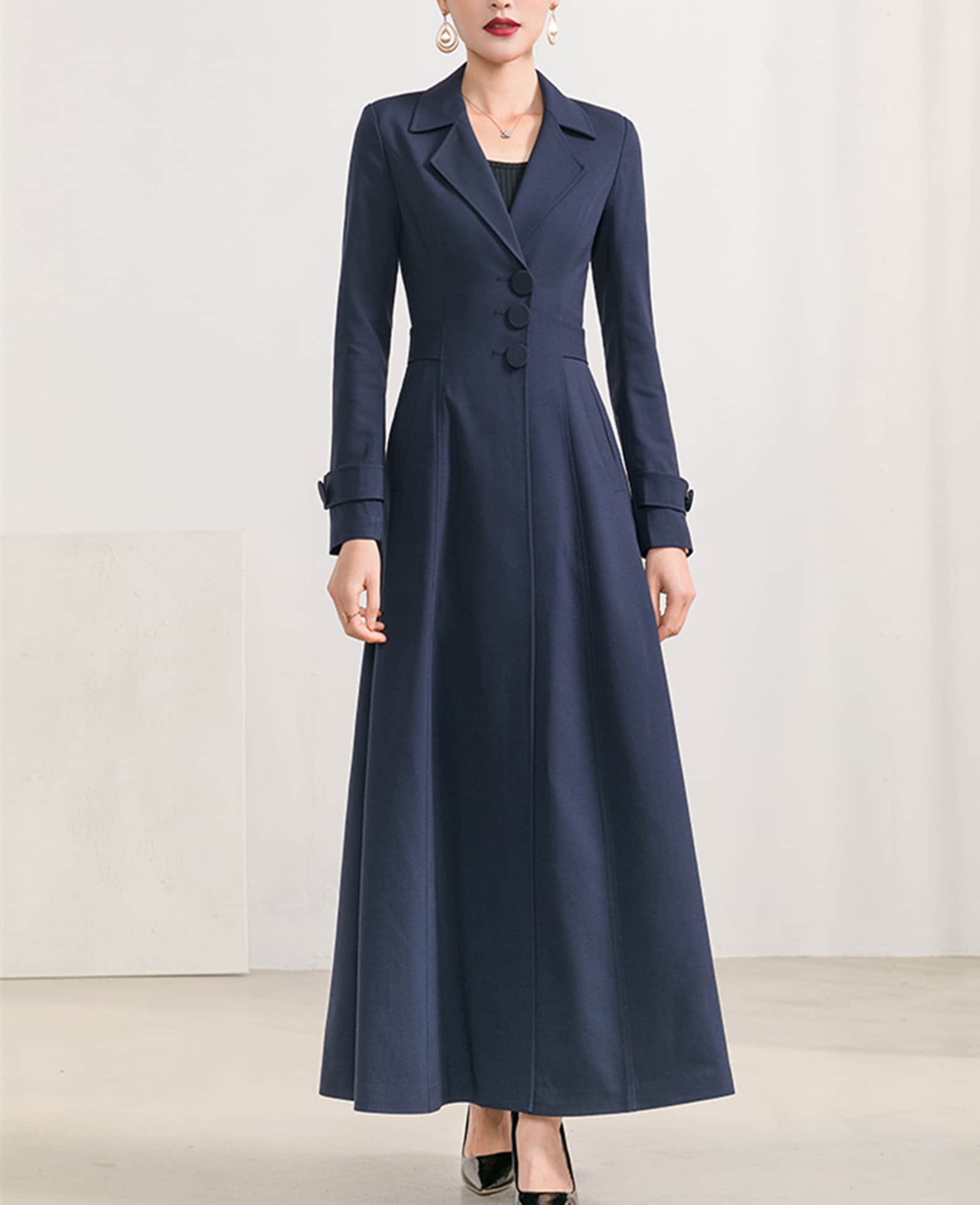Navy Long Full Length Wool Jacket,long Fitted Coat,plus Size Winter ...