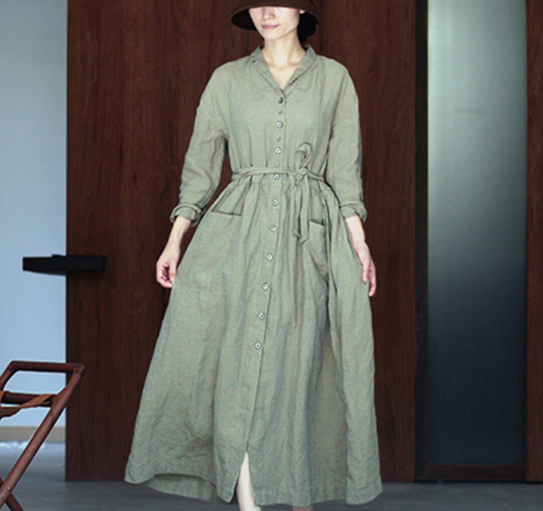 Long Sleeve Linen Dress,spring Autumn Linen Tunic Dress,maxi Dress ...