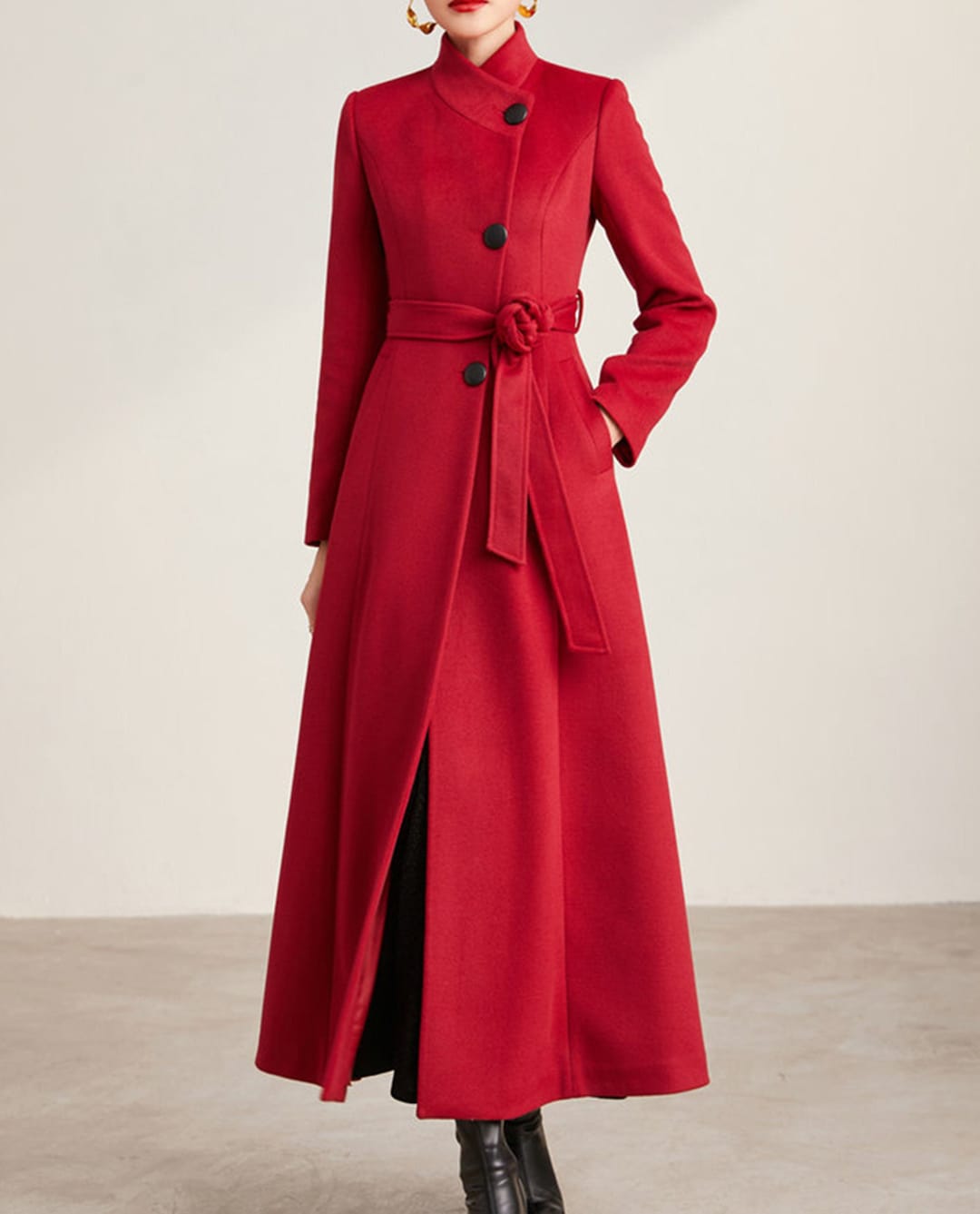 Red Long Coat,long Wool Coat,winter Cashmere Jacket,wool Belt Coat ...
