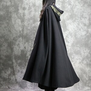 Black Wool Cape With Embroidery,maxi Hood Cloak,autumn Wool Cape,long ...