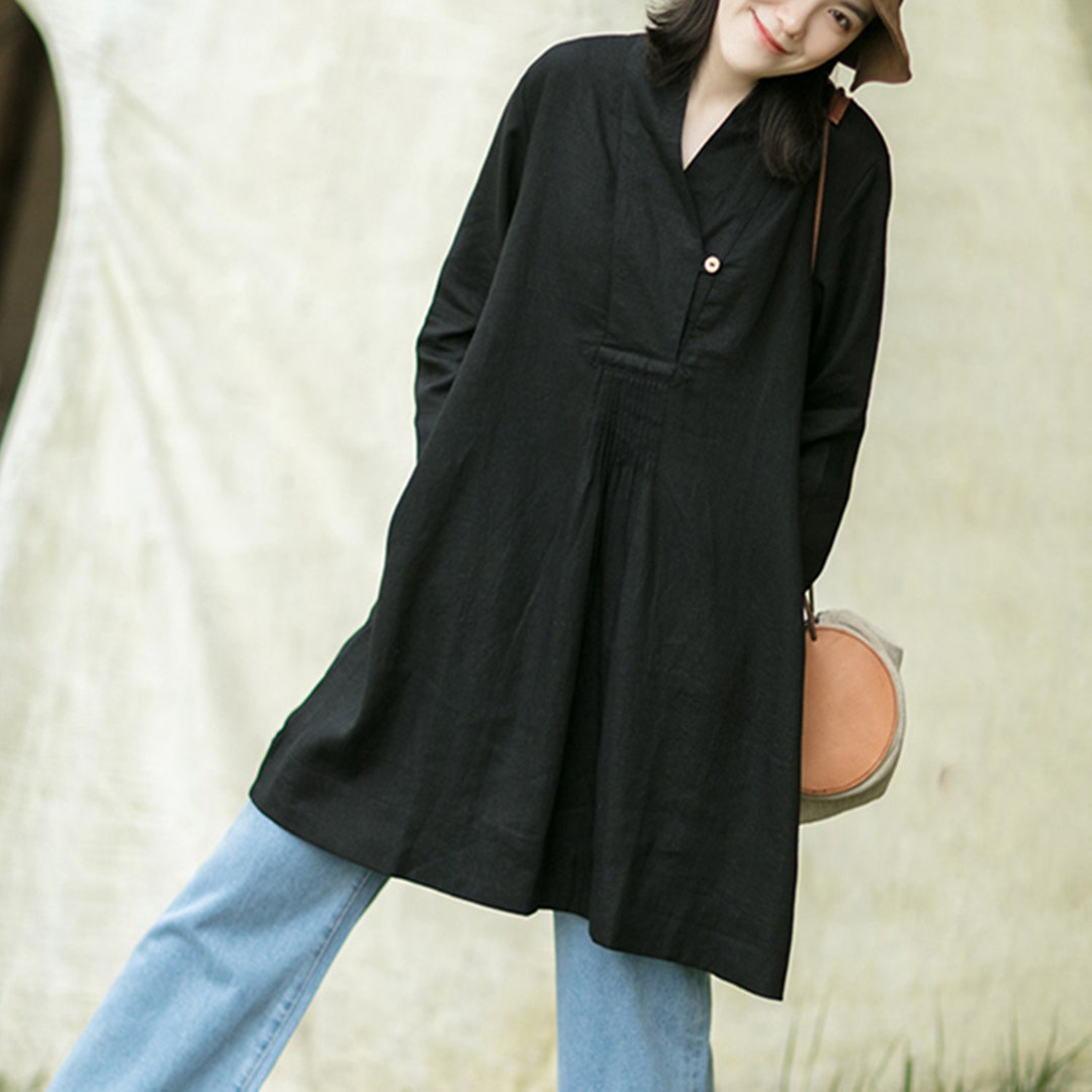 Black Linen Top,linen Tunic Shirt,long Sleeve Spring Autumn Top,loose ...