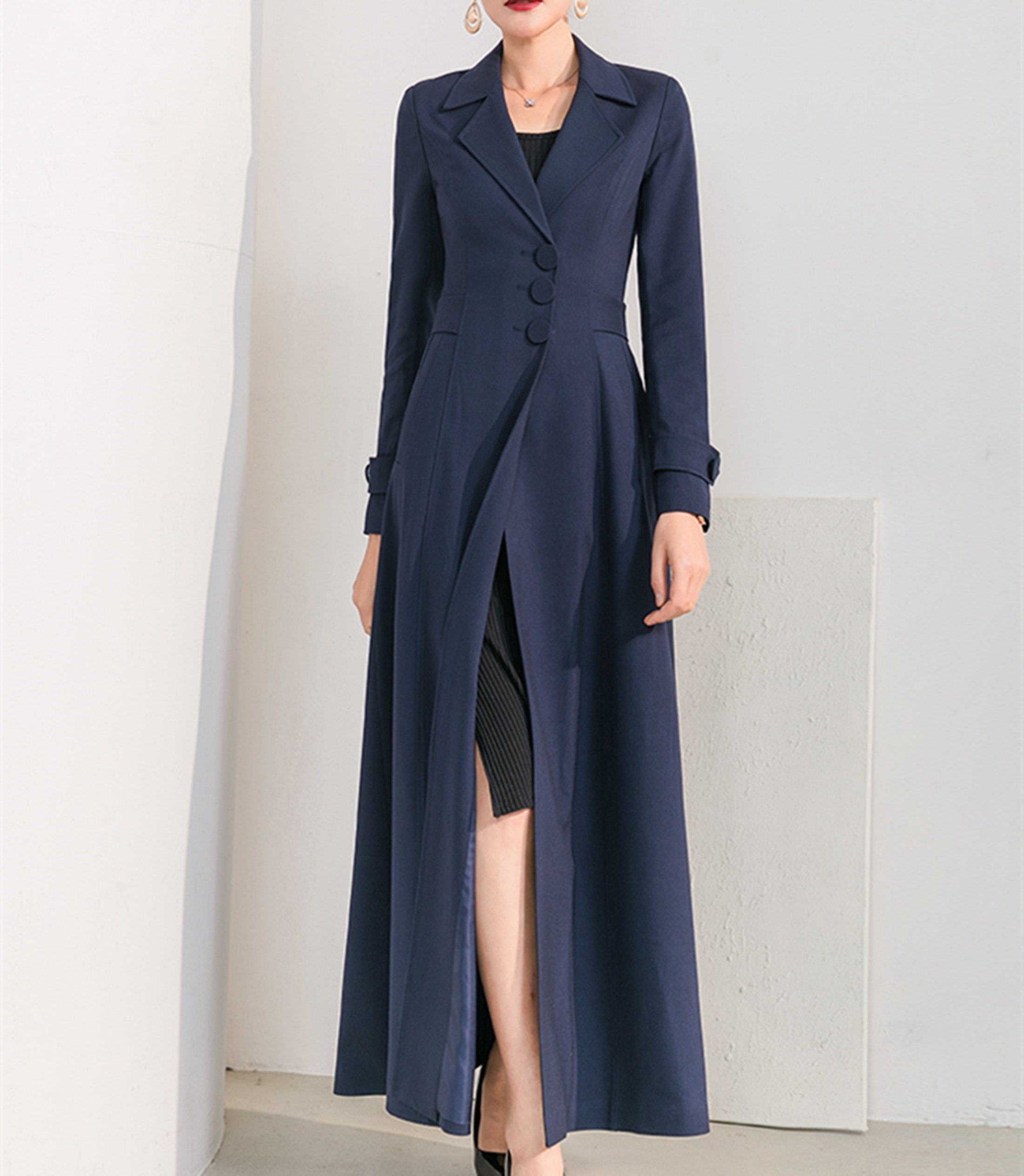 Navy Long Full Length Wool Jacket,long Fitted Coat,plus Size Winter ...