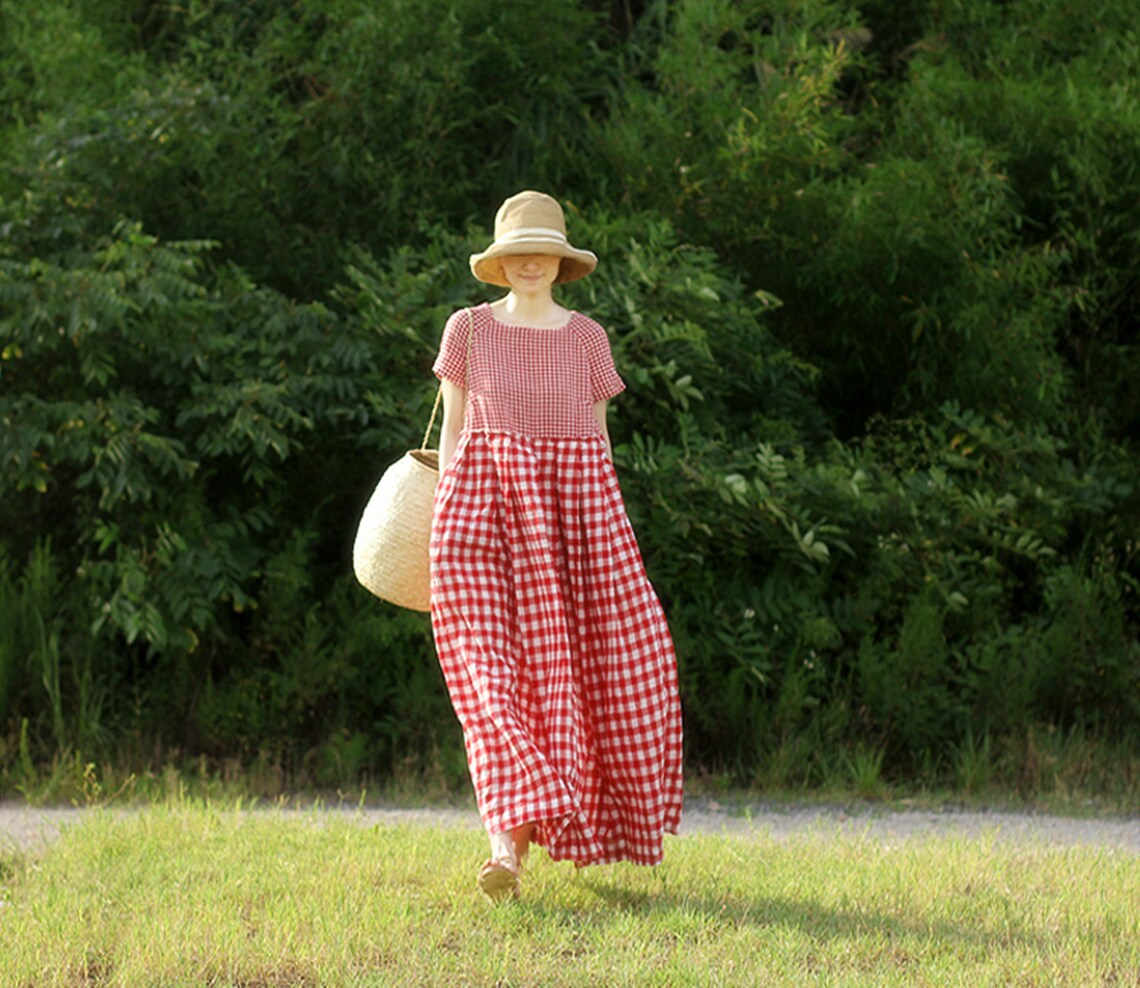 Red Check Linen Dressfull-length Tunic Dress Kaftan Dress - Etsy