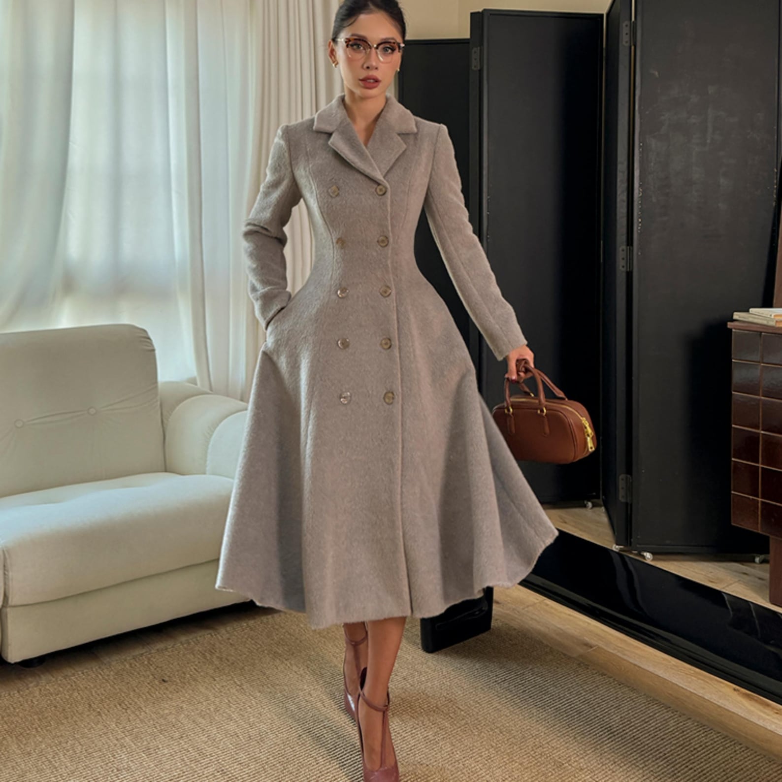 Women Double Breasted Long Winter Overcoat Elegant Flared Swing Jacket ...