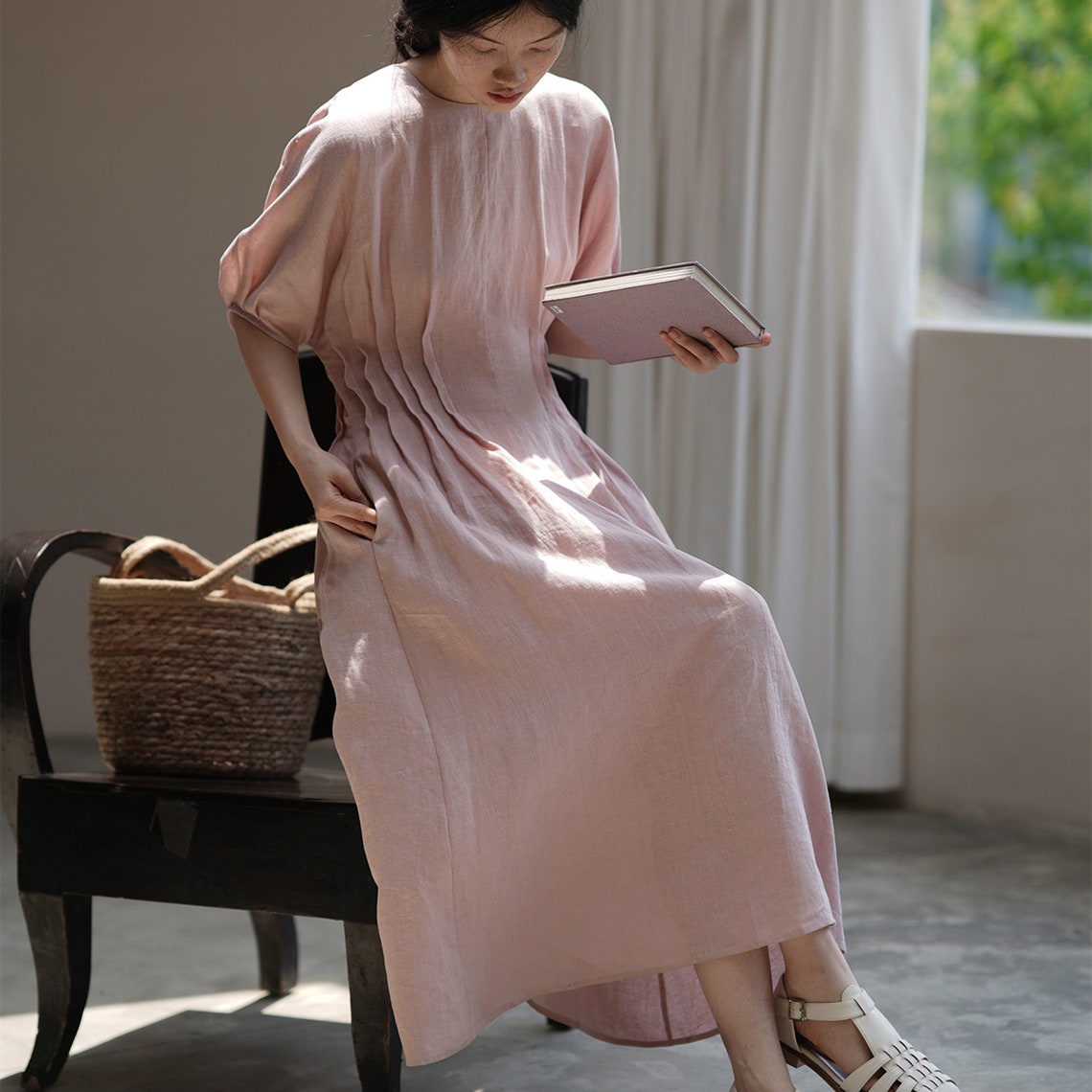 Pink Summer Dresspuff Sleeve Linen Dressloose Linen Etsy