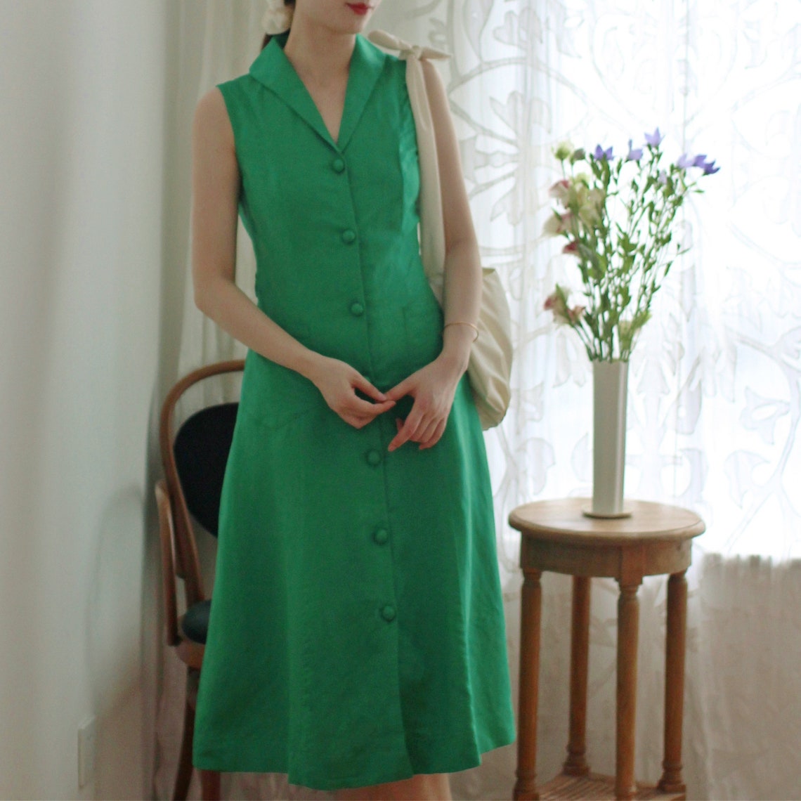 V-neck Green Linen Tunic Dress,sleeveless Button up Linen Dress,boho ...