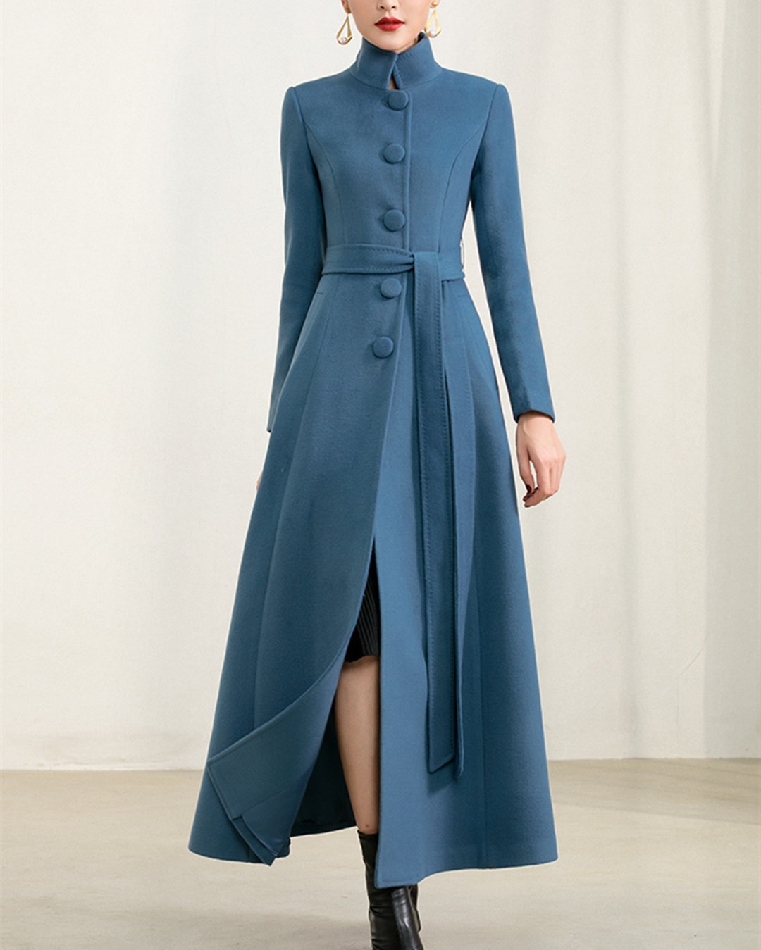 Blue Long Full Length Wool Jacket,high Collar Warm Cozy Coat,belt Coat,winter Coat,long Sleeve ...