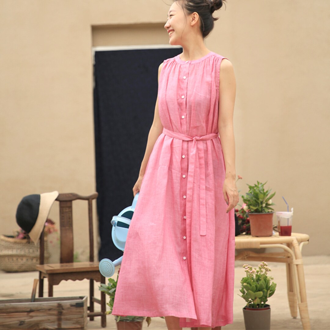 Pink Linen Dress,sleeveless Tunic Dress,loose Caftan,summer Maxi Dress ...