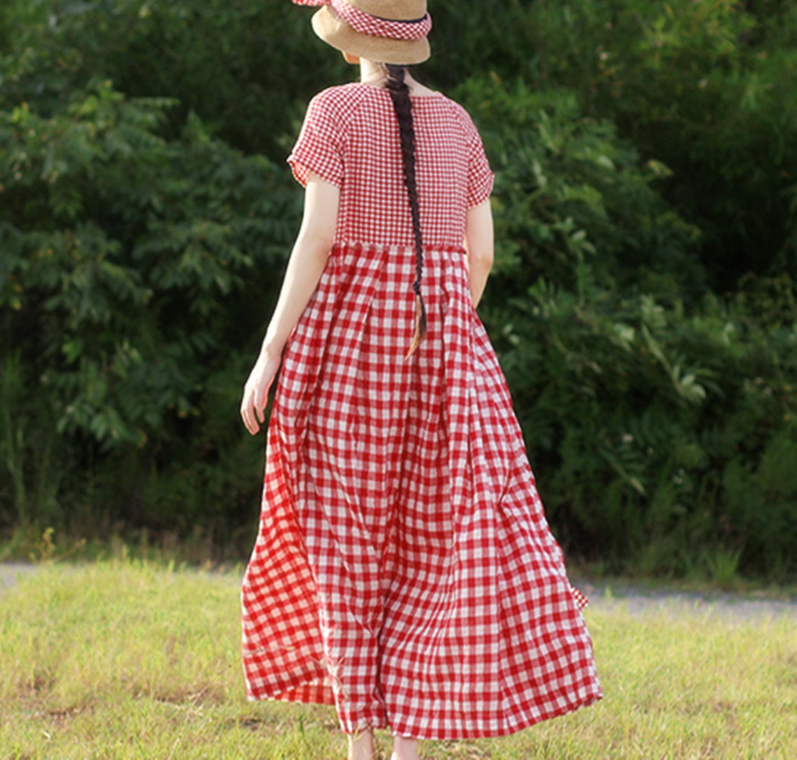 Red Check Linen Dressfull-length Tunic Dress Kaftan Dress - Etsy