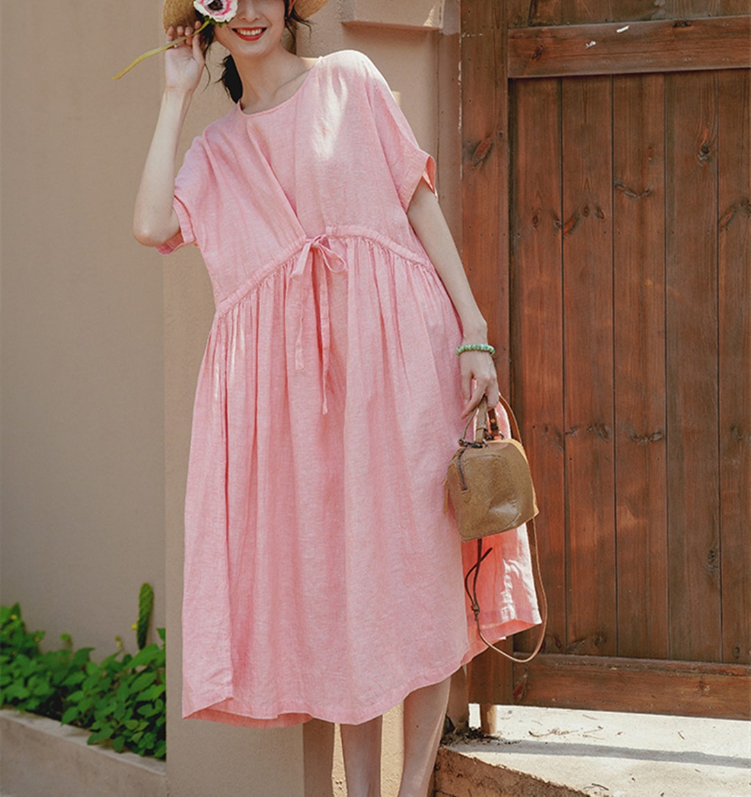 Pink Linen Dress,linen Maxi Dress,linen Pleated Dress,dress With Belt ...