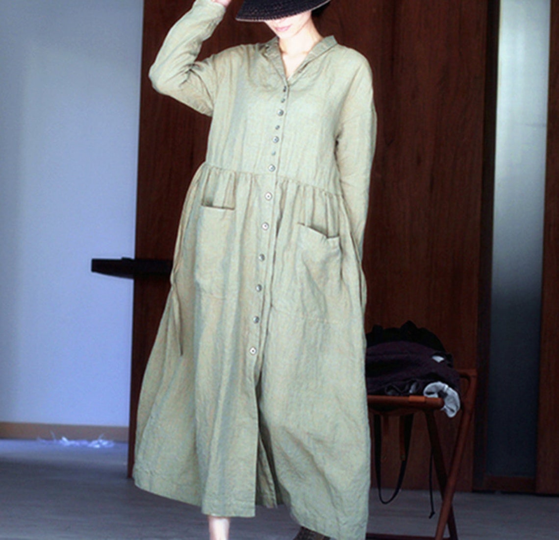 Long Sleeve Linen Dress,spring Autumn Linen Tunic Dress,maxi Dress ...