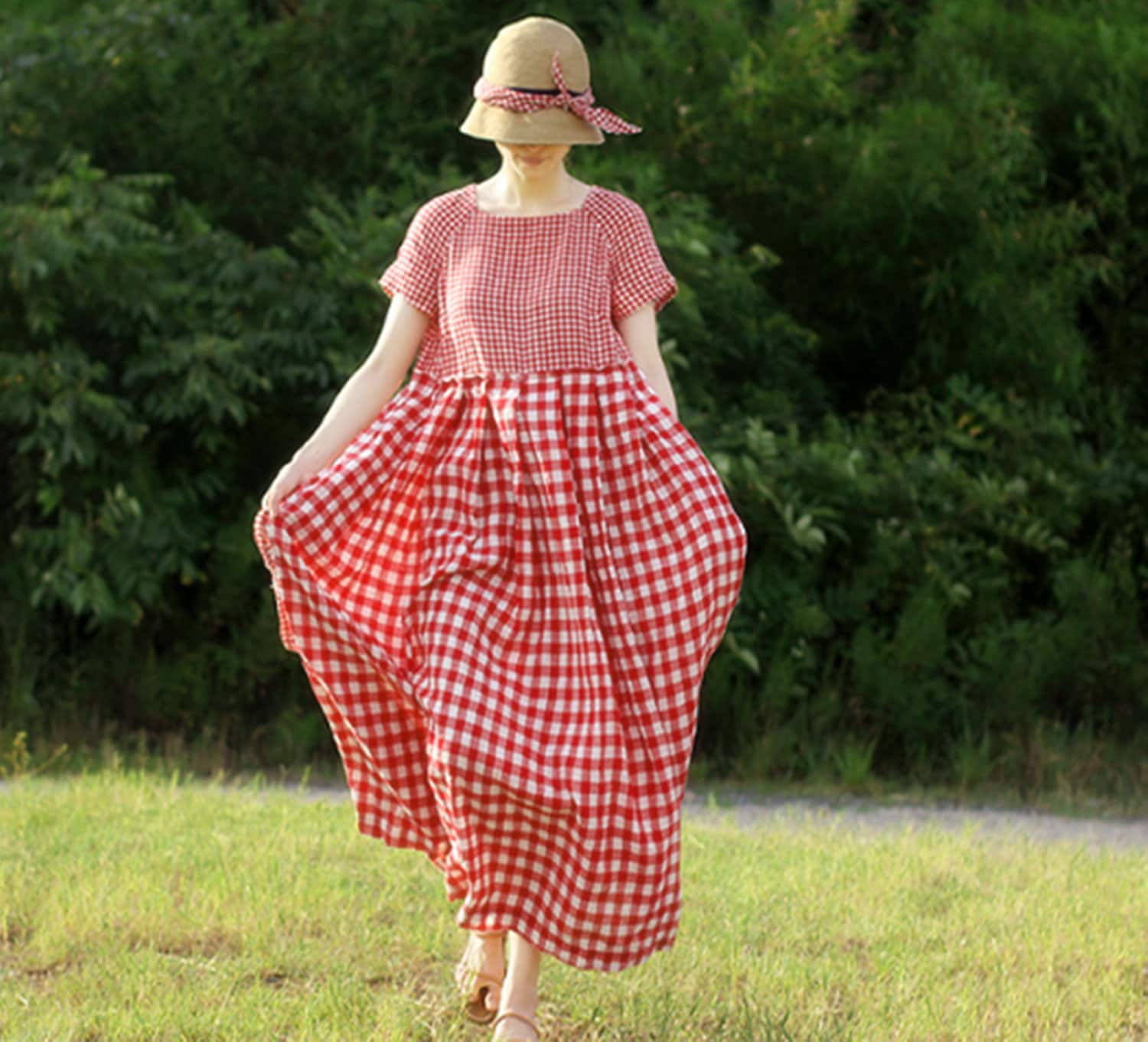 Red Check Linen Dressfull-length Tunic Dress Kaftan Dress - Etsy
