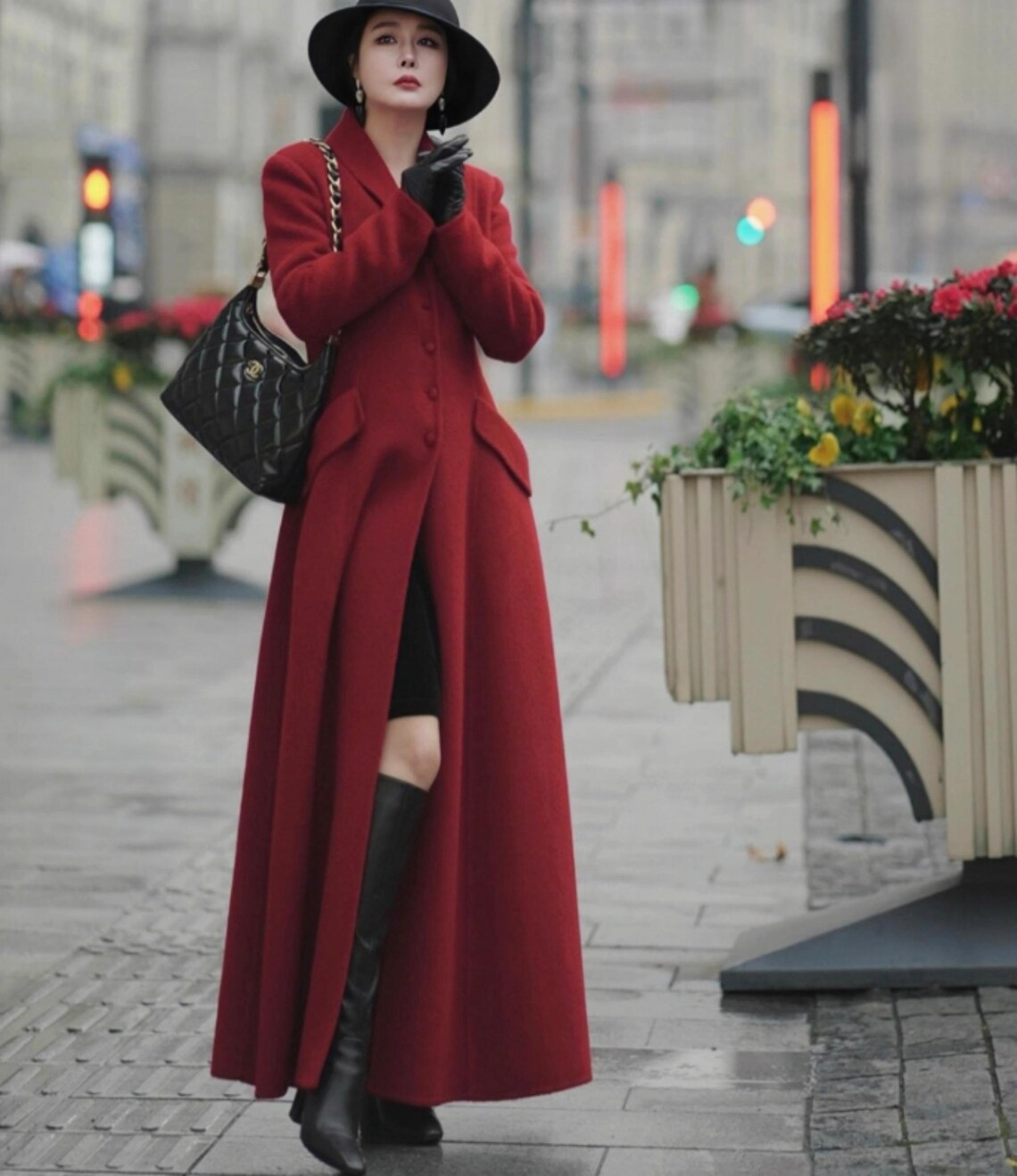 Red Long Wool Coat,big Pockets Fitted Coat,women A Line Coat,warm ...