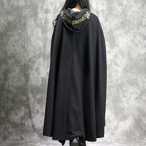 Black Wool Cape With Embroidery,maxi Hood Cloak,autumn Wool Cape,long ...