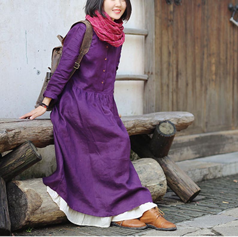 Women double layer long dress linen and cotton A-linen dress | Etsy