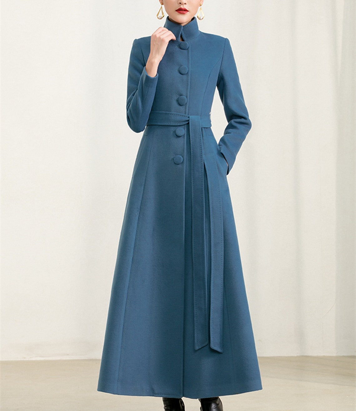 Blue Long Full Length Wool Jackethigh Collar Warm Cozy - Etsy