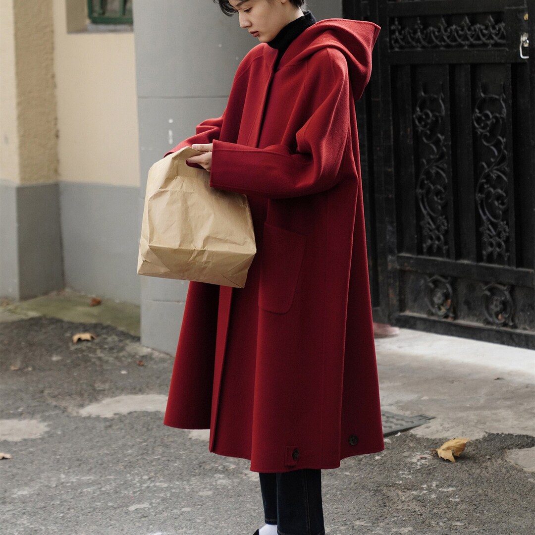 Red Hooded Wool Jacket,winter Warm Wool Poncho,wool Cloak,big Pockets ...