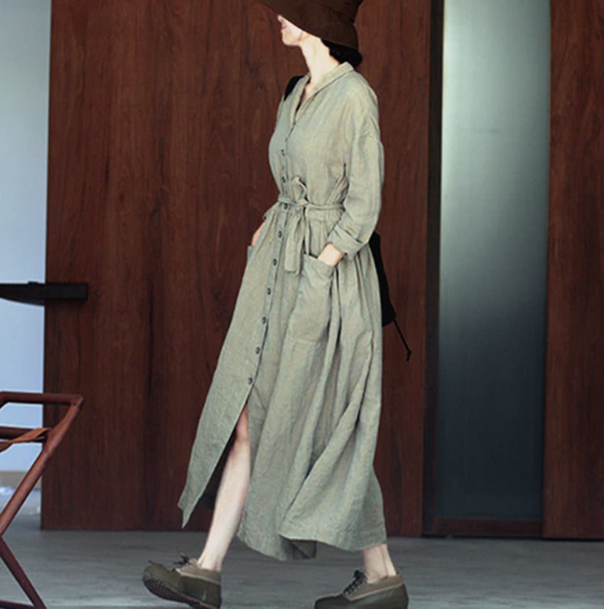 Long Sleeve Linen Dress,spring Autumn Linen Tunic Dress,maxi Dress ...