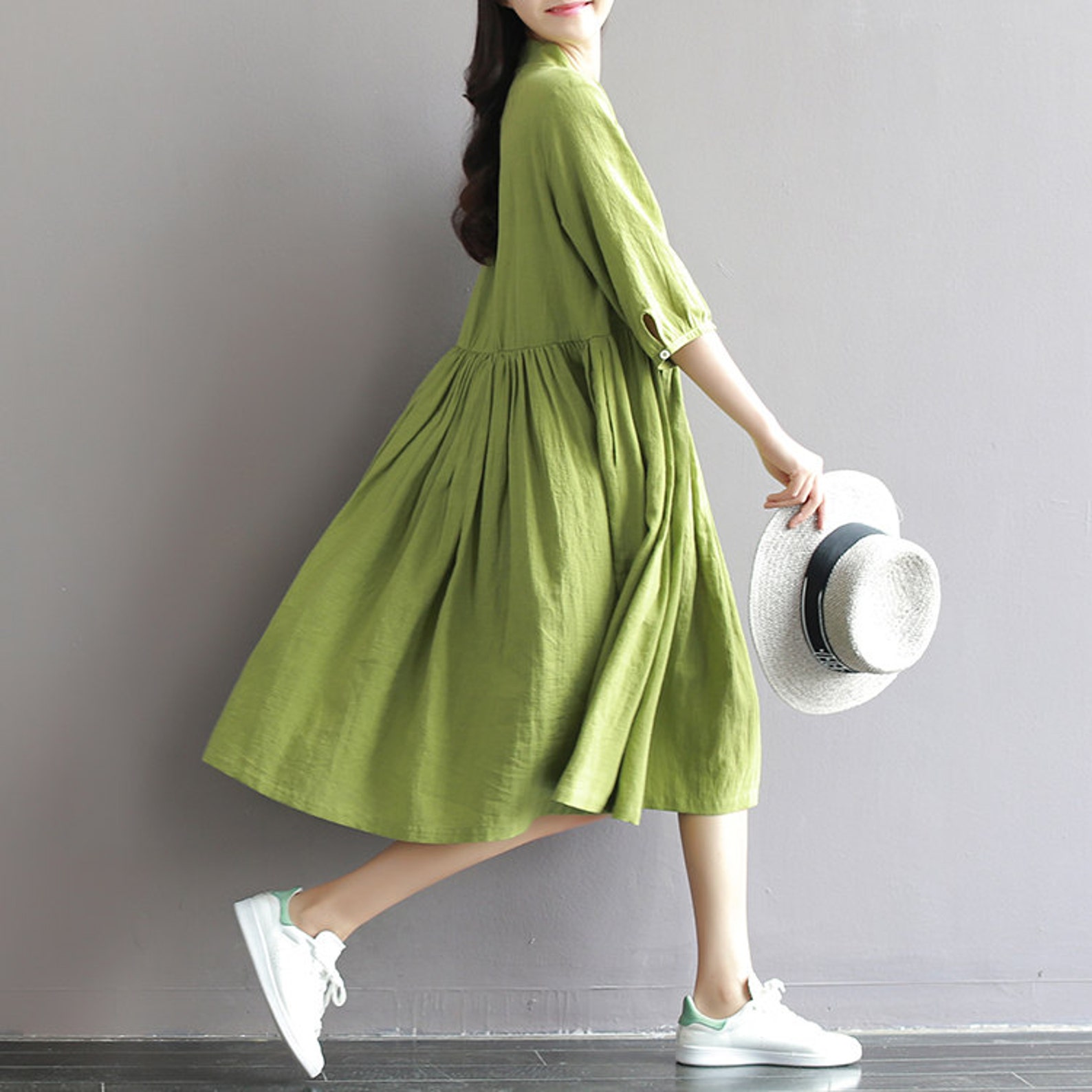 Green Tunic Dress Linen Maxi Dress Pleated Dress Linen Dress | Etsy