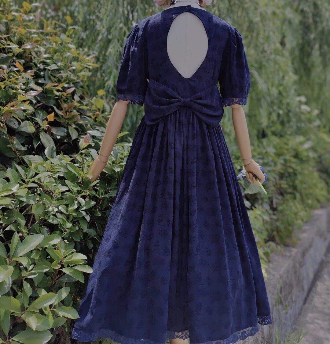 Navy Backless Bow Dress,soft Summer Cotton Dress,vintage Ruffle Dress ...