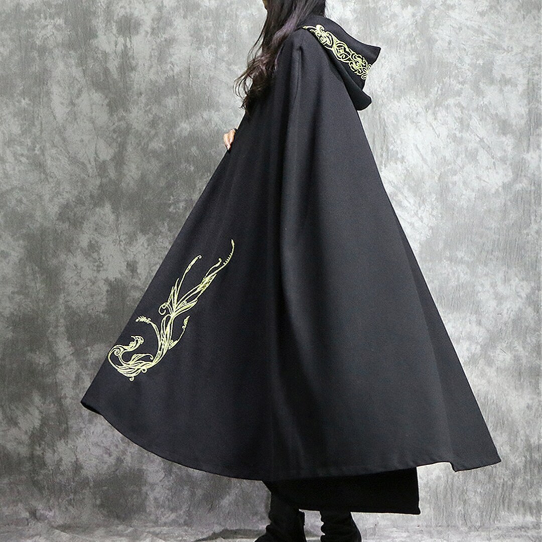 Black Wool Cape With Embroidery,maxi Hood Cloak,autumn Wool Cape,long ...