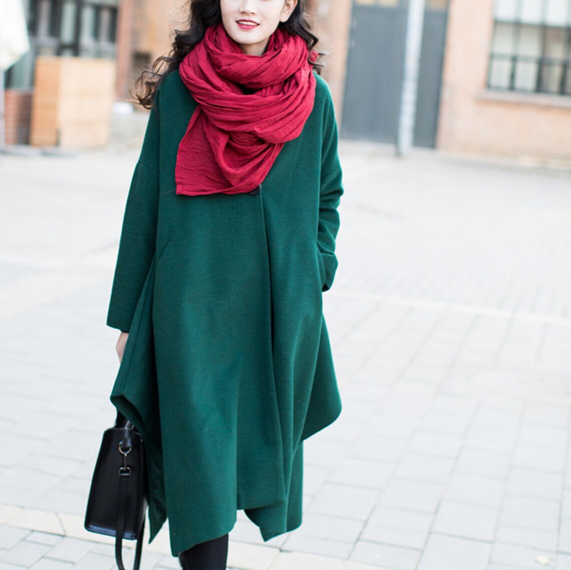 Green Wool Jacket Long Length Wool Coat Maix Wool Cape Wool Cloak Plus ...