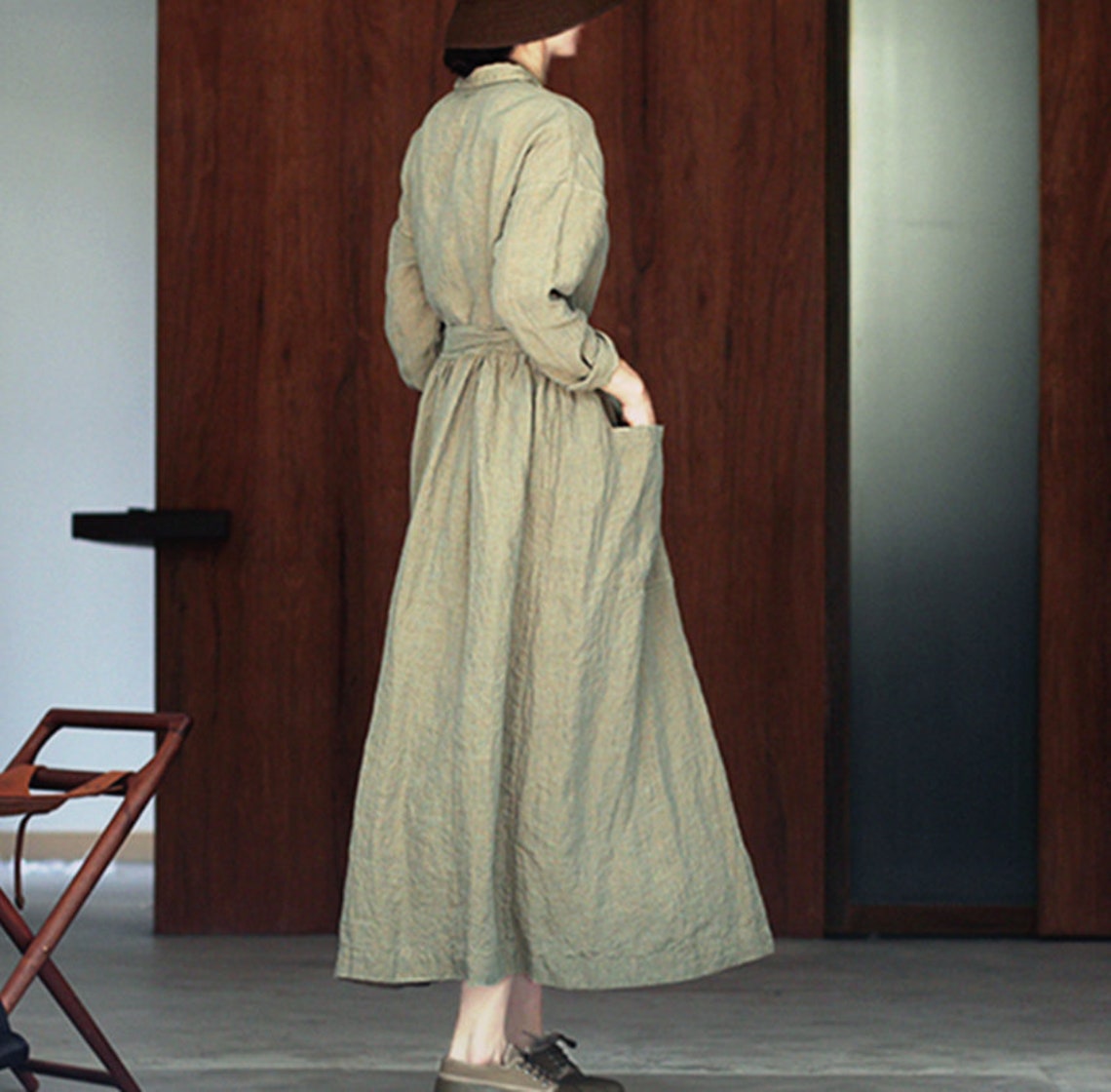 Long Sleeve Linen Dress,spring Autumn Linen Tunic Dress,maxi Dress ...