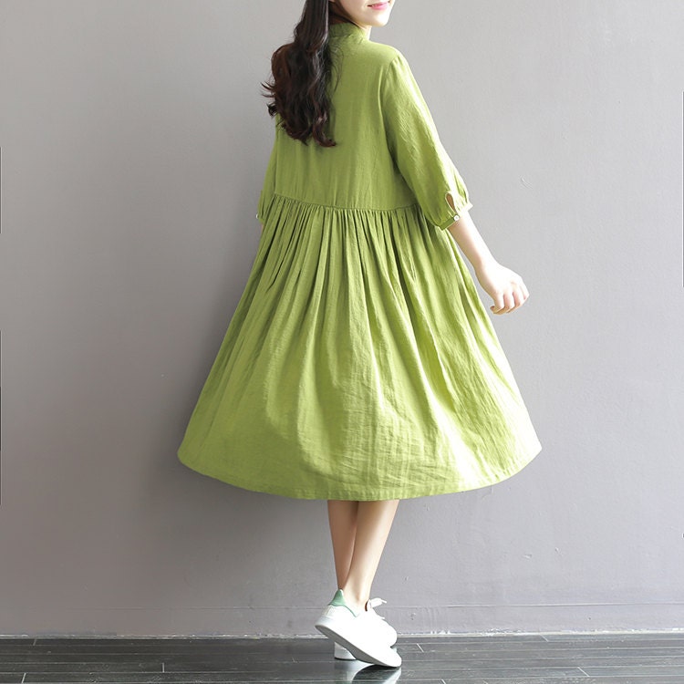 Green Tunic Dress Linen Maxi Dress Pleated Dress Linen Dress | Etsy