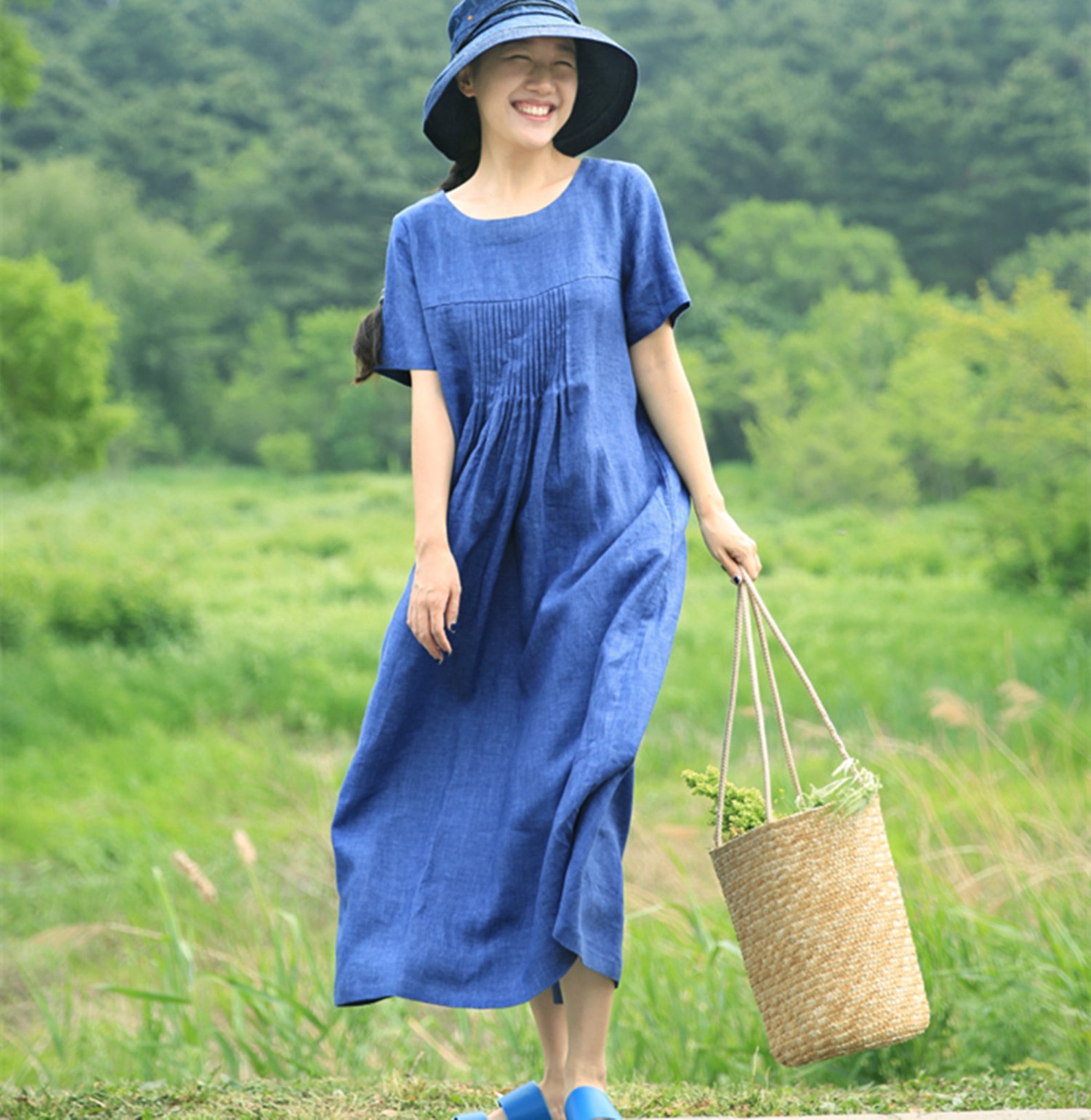 Blue Linen Dressshort Sleeve Tunic Dressloose Caftansummer - Etsy