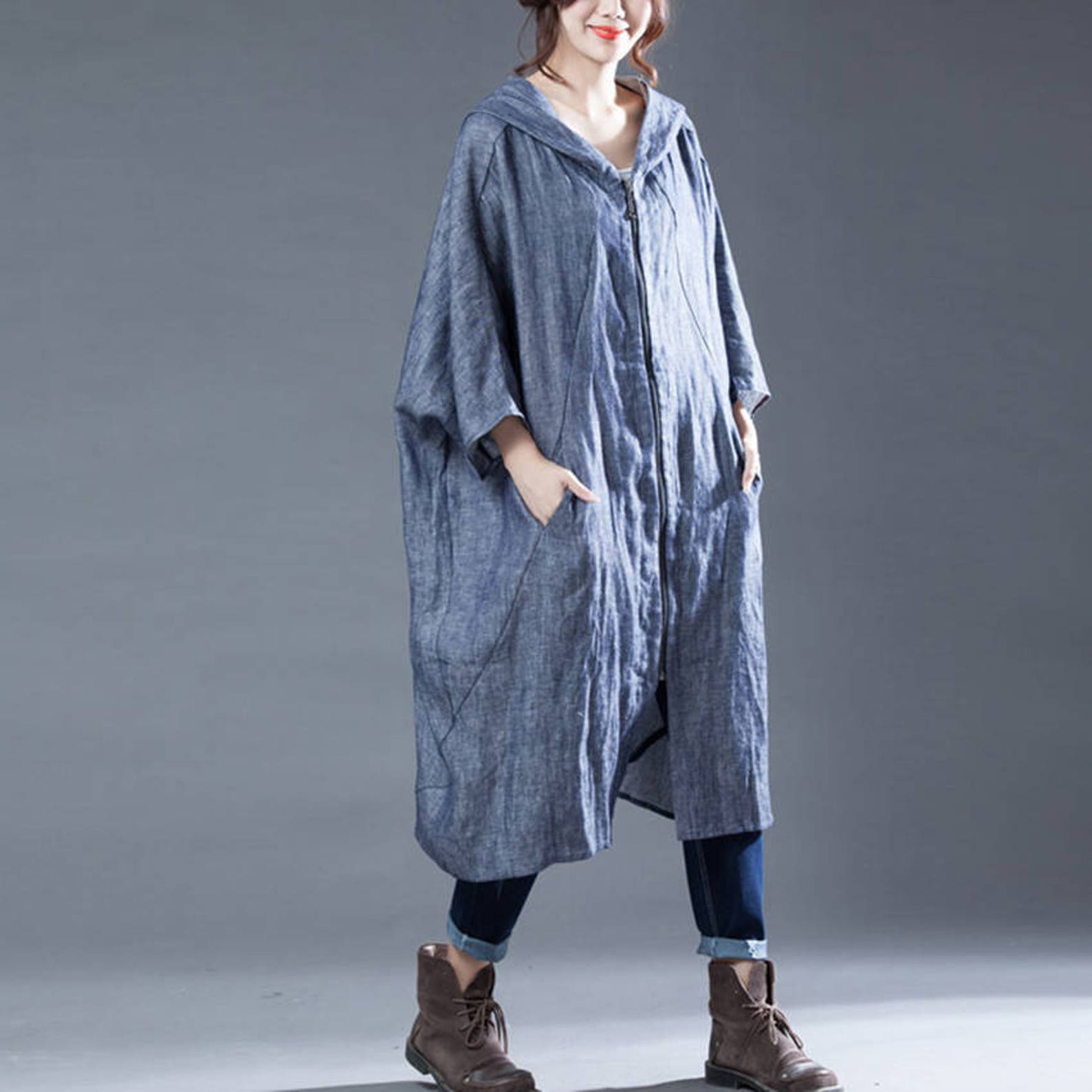 Loose Linen Hoodies Bat Wing Sleeve Linen Tunic Dress Spring | Etsy