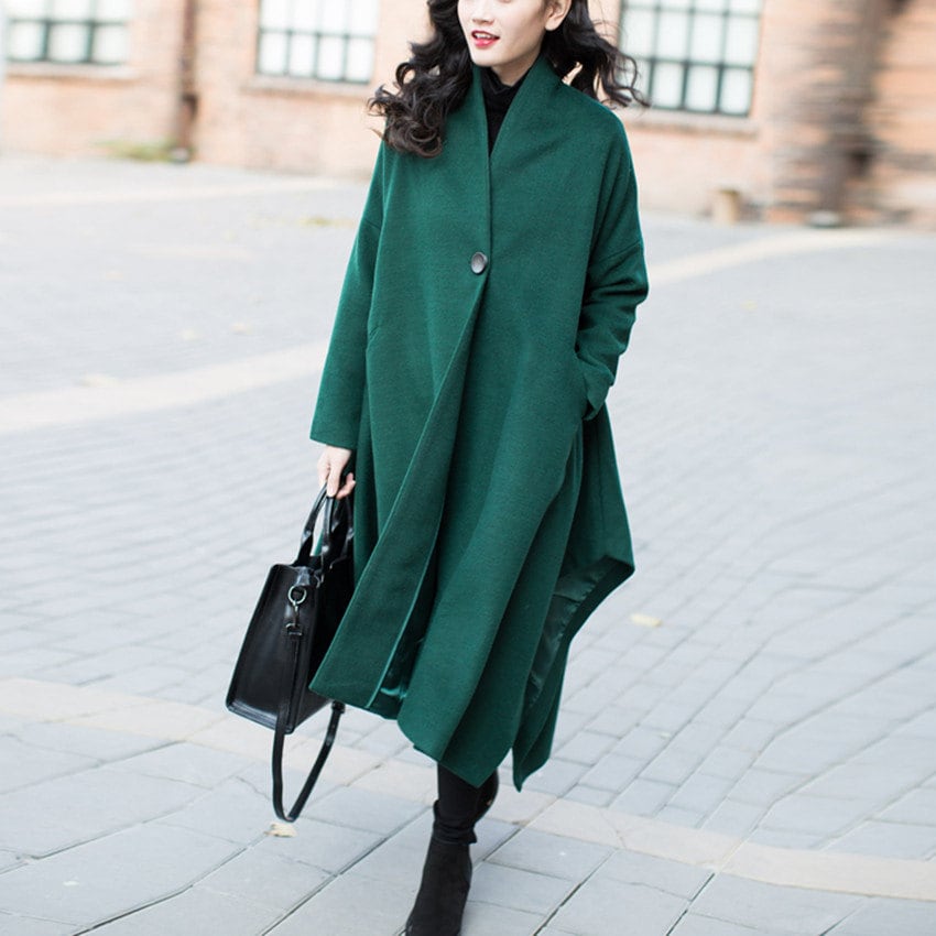 Green Wool Jacket Long Length Wool Coat Maix Wool Cape Wool Cloak Plus ...