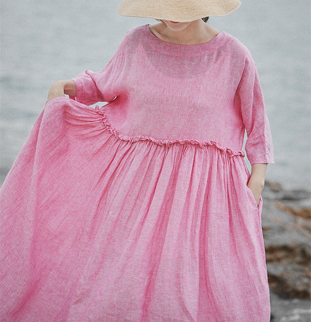 Pink Linen Dress,causal Dress,summer Beach Dress,linen Tunic Dress ...